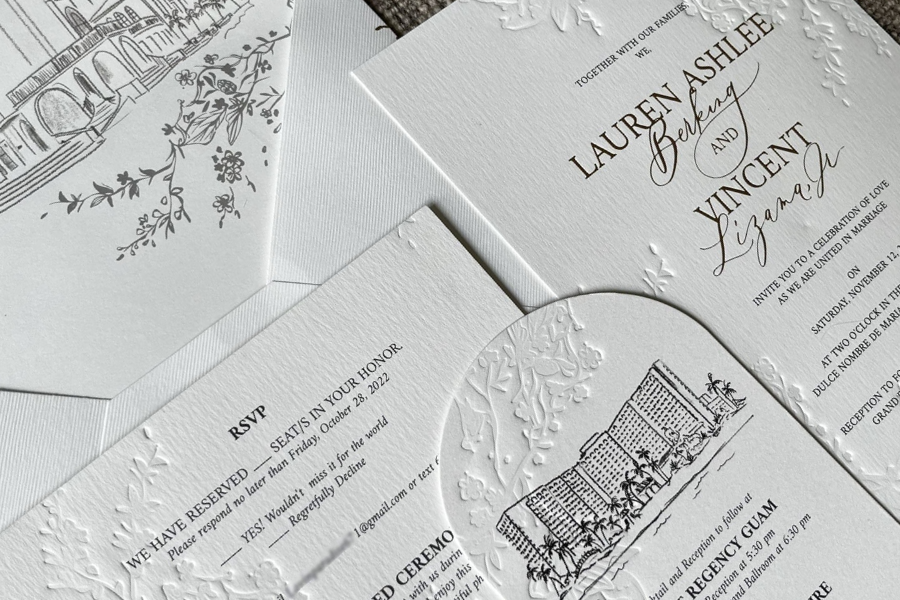 White invitation with blind stamping / Guam – Ink Scribbler