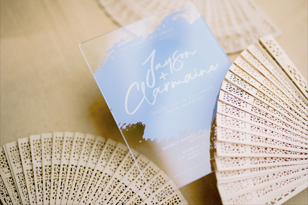 Dusty Blue triptych acrylic Invitations – Ink Scribbler